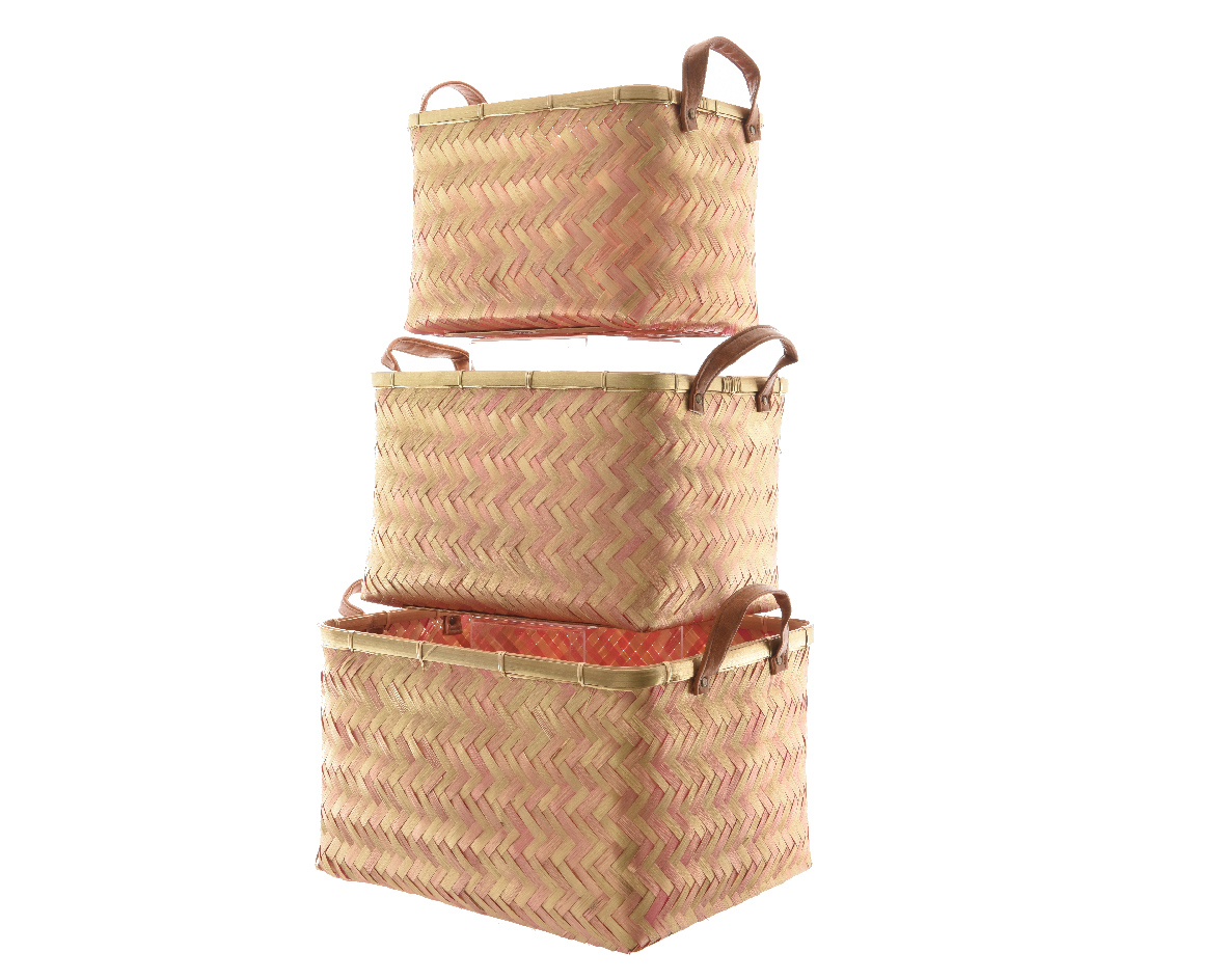 Mand Bamboe met Handvat - Leder Natuur 30x20x20cm - Roze en Goud Finish
