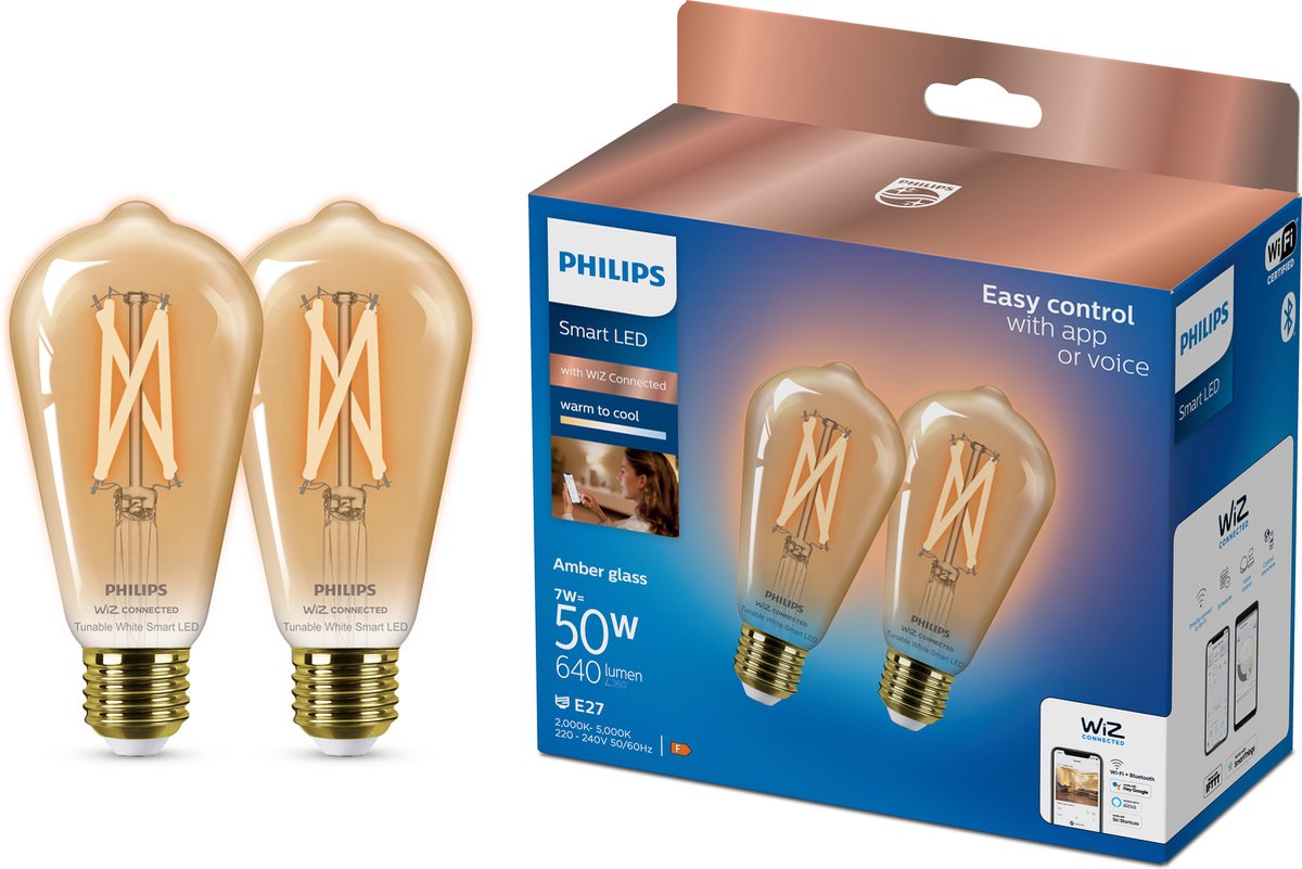 Philips Smart LED Edison Lamp ST64 Fil. Amber E27 7W 640lm 2000-5000K - 2 stuks