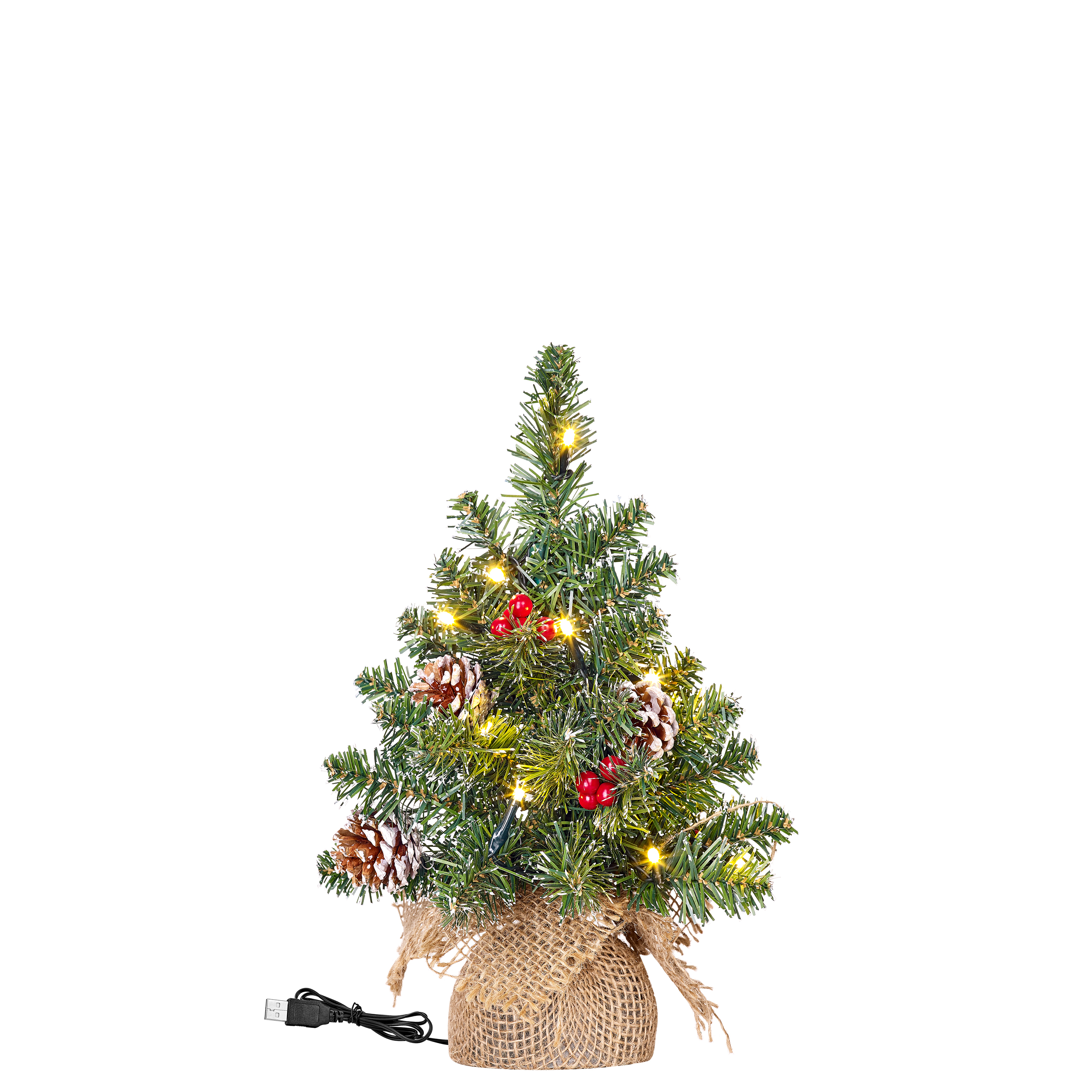Kerstboom Mini Creston LED Groen 30x15 cm - 28 Tips - In Jute Zak - USB