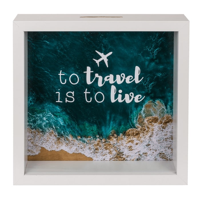 Spaarpot To Travel Is To Live 20x20 cm Hout