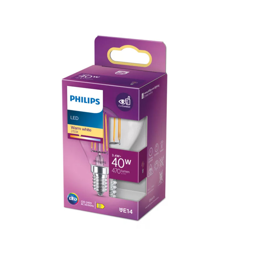 Philips LED Kogellamp P45 Filament E14 4.3W 470lm 2700K