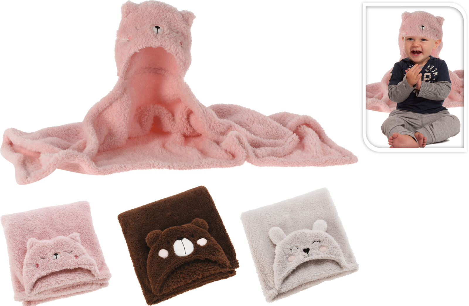 Deken/Cape 70x100 cm met Dierenhoofd Konijn/Kat/Beer - assorti