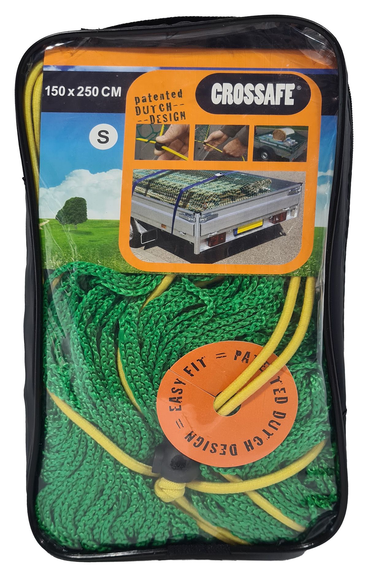 Jumbo aanhangwagen net 175x300cm met gele elastiek en stopper in tas