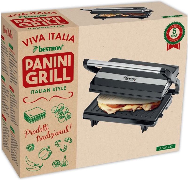 Bestron Panini Grill APM123Z, 700 watt 22,5 x 14 cm grillplaat, zwart